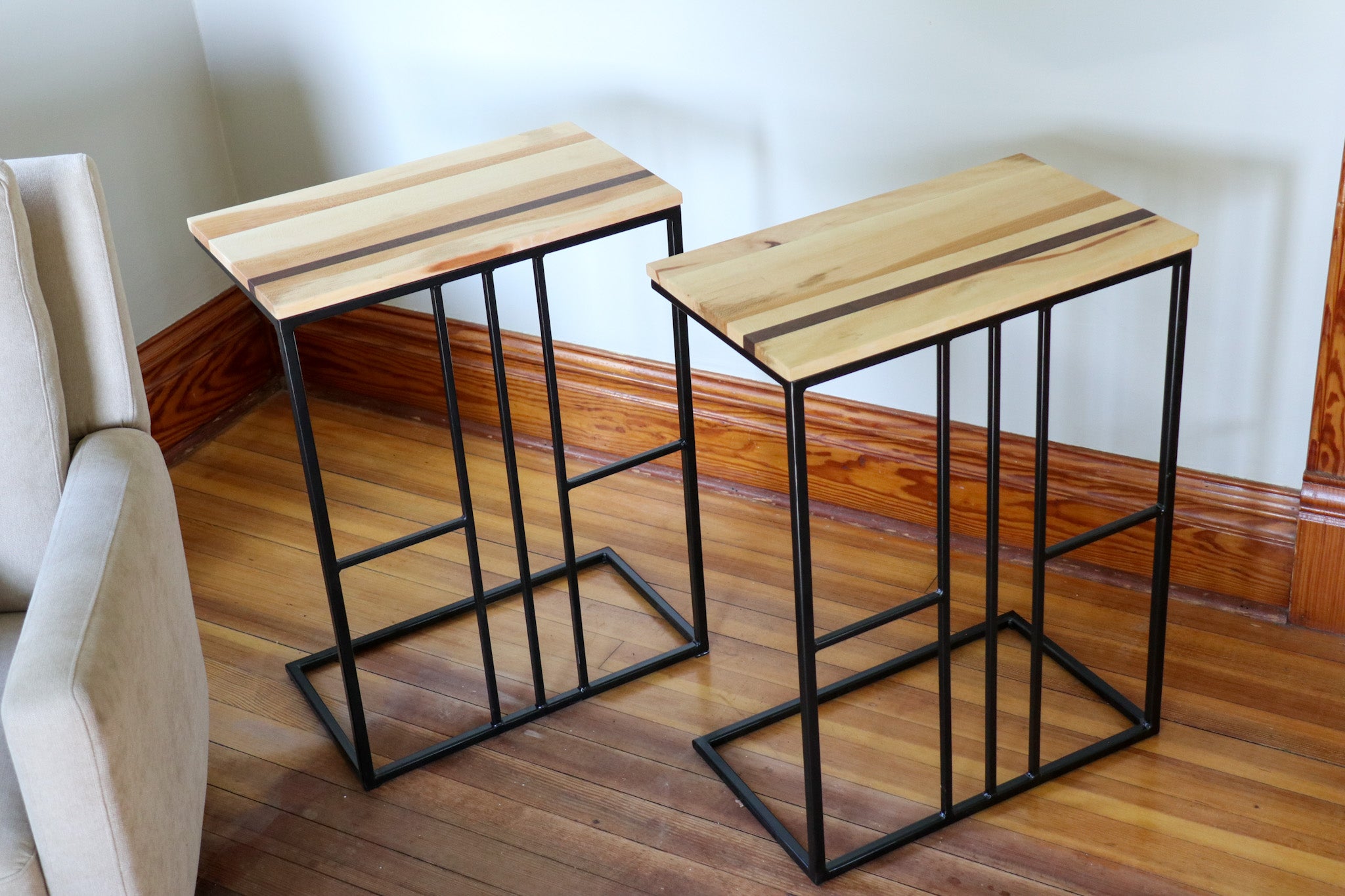 Sycamore and Walnut C Tables with Thin Metal | Hazel Oak Farms