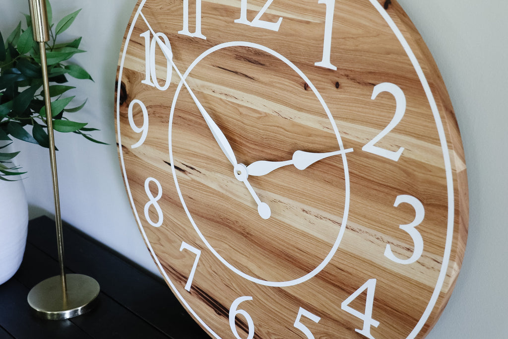 Solid Hickory Wood Wall Clock with Numbers and Lines | Hazel Oak Farms