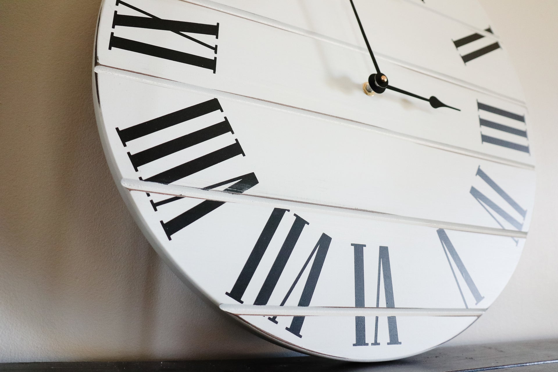 Simple White Lightly Distressed Large Wall Clock with Black Roman ...