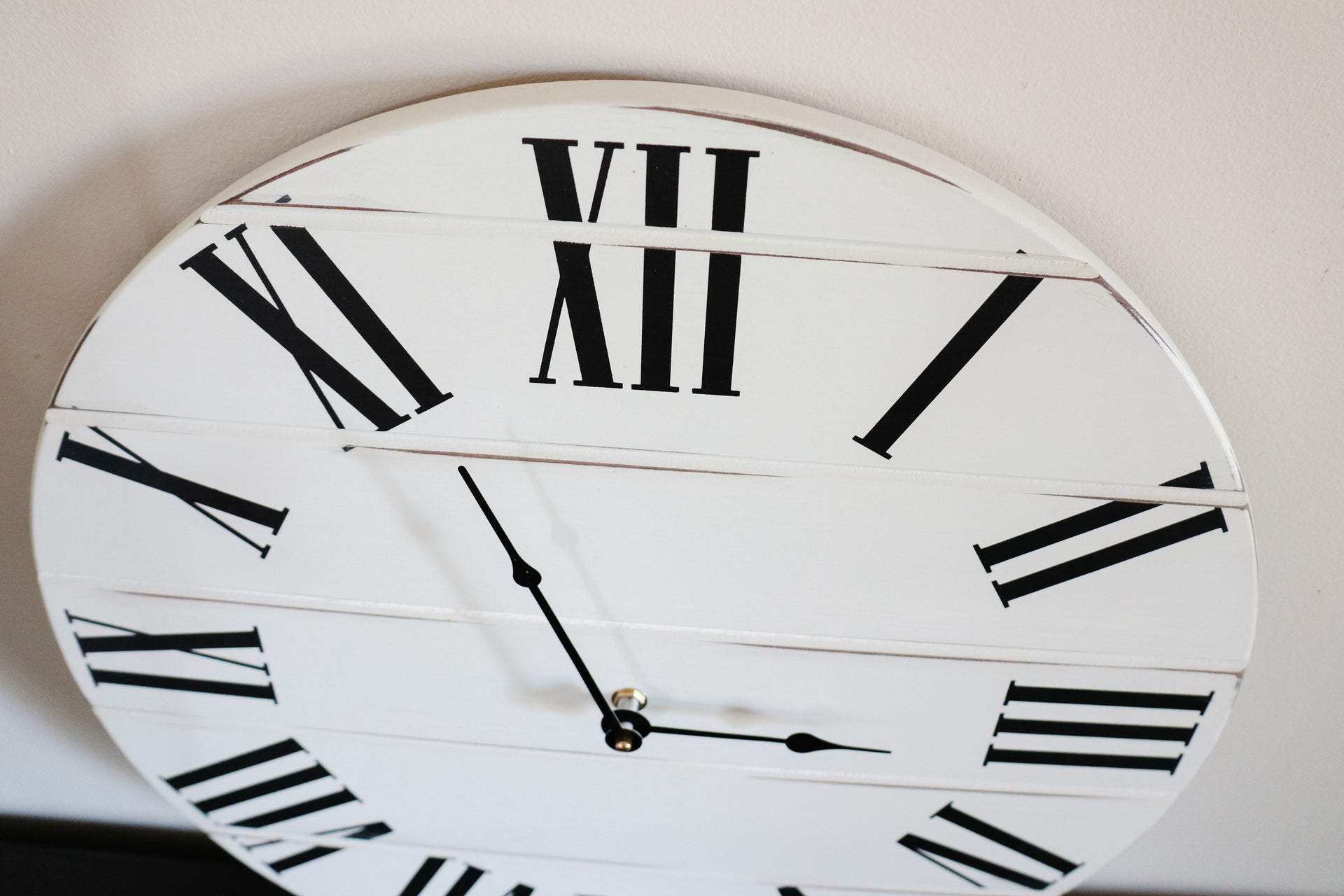 Simple White Lightly Distressed Large Wall Clock with Black Roman ...