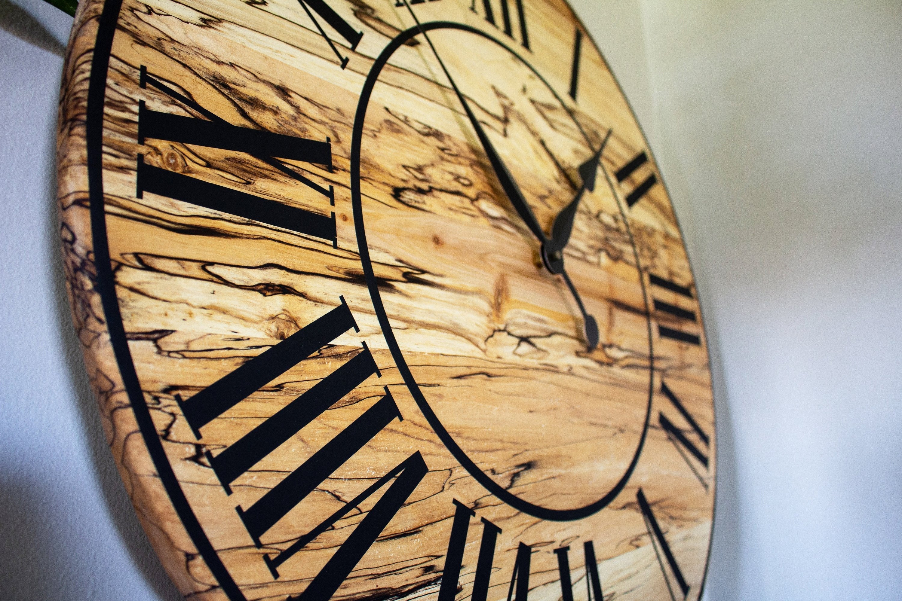 Solid Spalted Maple Wall Clock with Black Lines and Roman Numerals ...