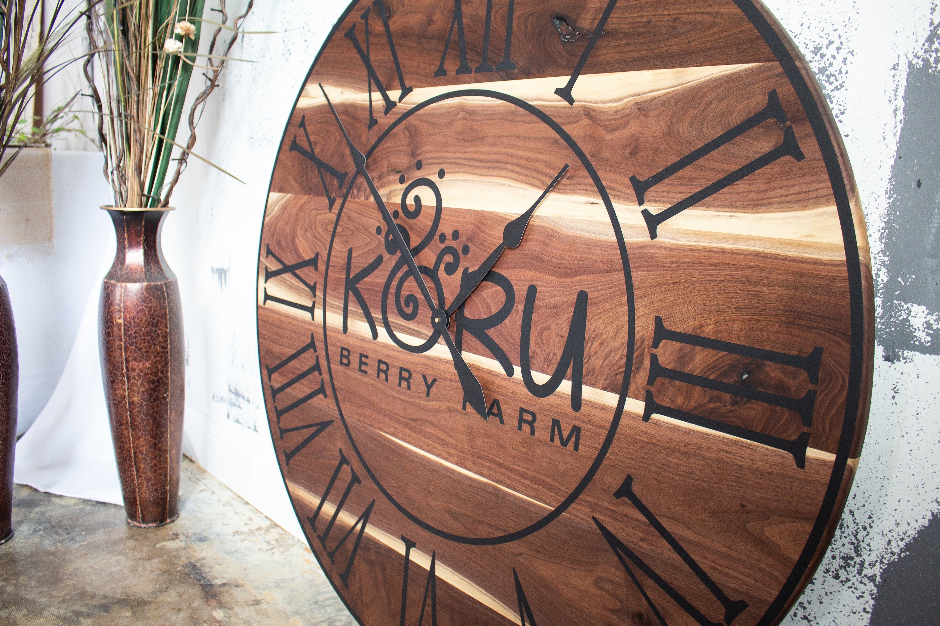 Live Edge Black Walnut Oversized Wall Clock with Black Lines and Roman ...