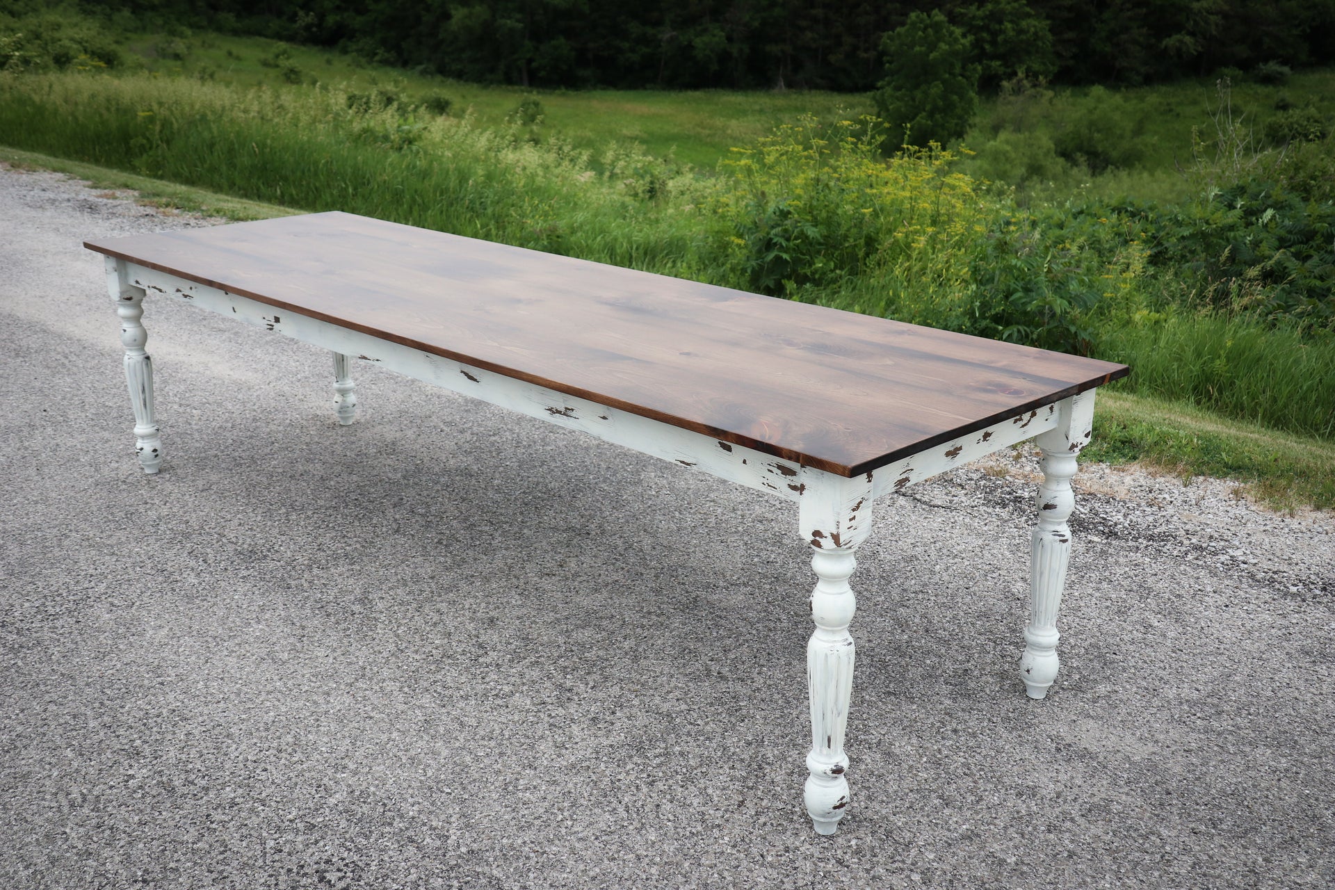 Farmhouse Dining Table with White Distressed Legs and Stained Pine Top ...